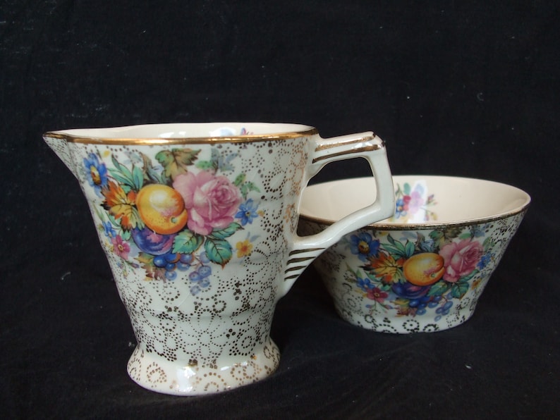 H K Tunstall English China Floral Sugar and Creamer Art Deco Shape With ...