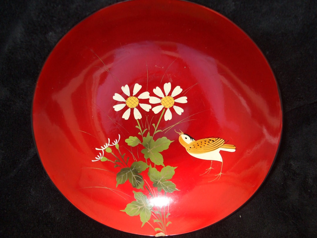 Vintage Lacquerware Dish , Red Laquer Ware , Red Bowl With Bird and ...
