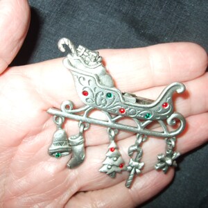 Vintage JJ Santa Sleigh Pin, Silvertone Rhinestone Jonette Christmas ...