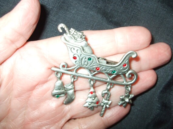 Vintage JJ Santa Sleigh Pin, Silvertone Rhinestone Jo… - Gem