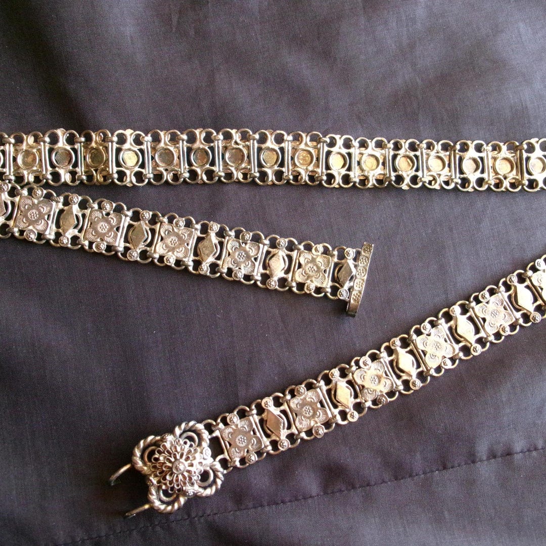Vintage to Antique Ornate Filigree Style Silver Tone Belt, Marked "100% ...