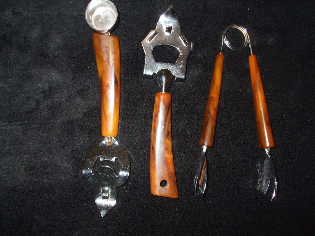 Vintage Brown Bakelite Marbled Caramel Bar Tools, Set of 3, 2 Bottle ...