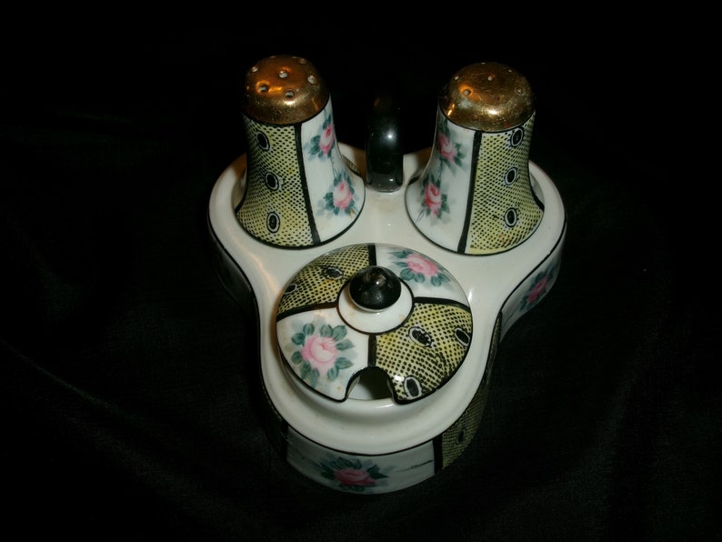 Antique Noritake Condiment Set, Art Deco Rose Floral Yellow Dots ...