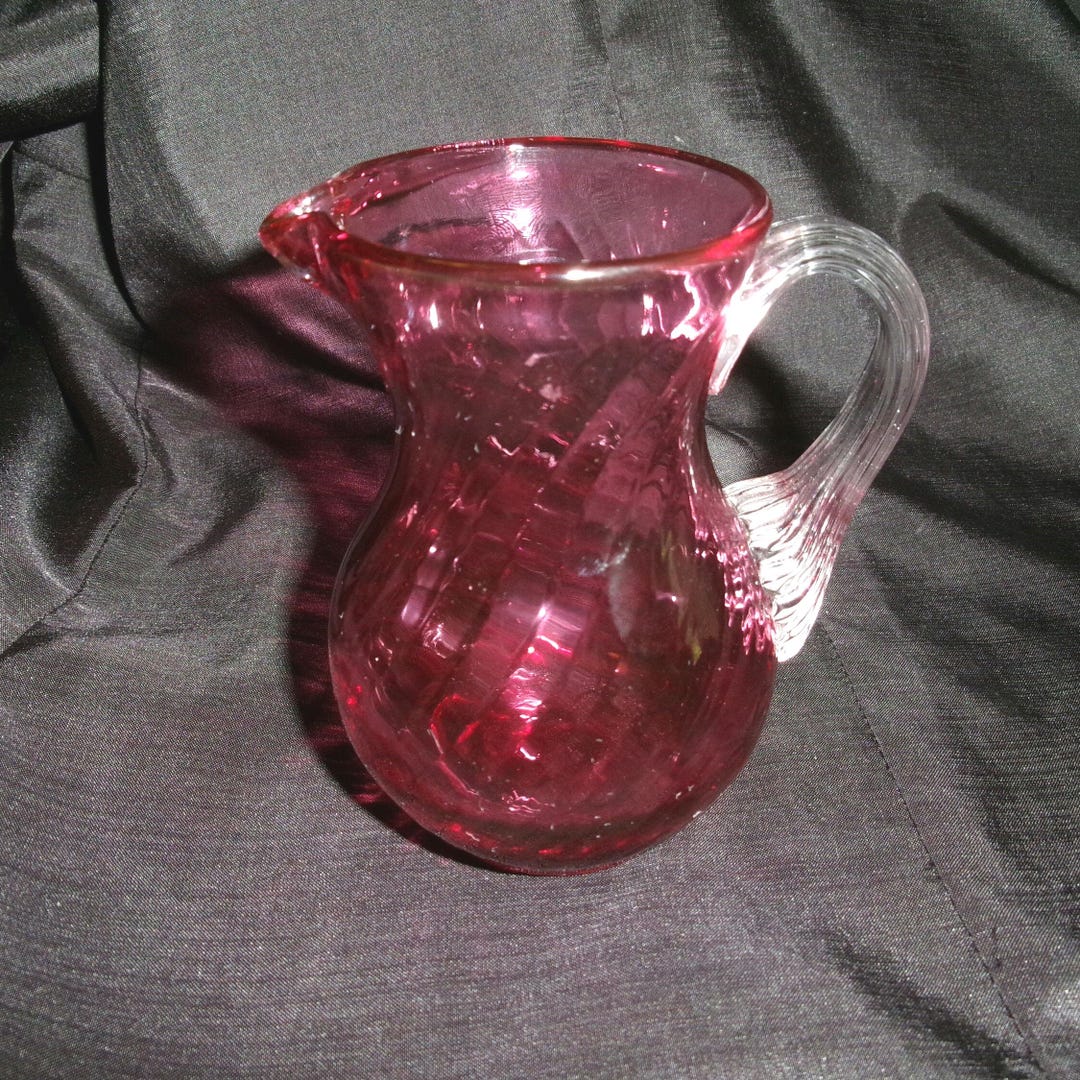 Vintage Pilgrim Glass Cranberry Mini Pitcher, Swirled Jug With Applied ...