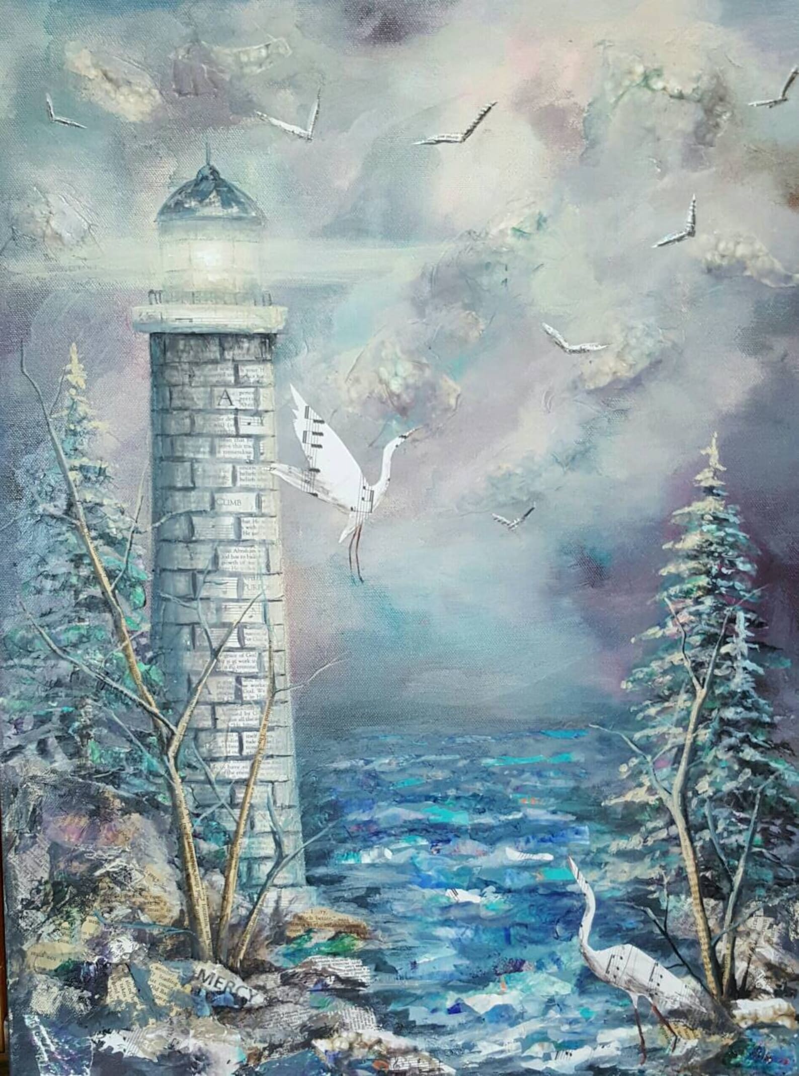 Original Lighthouse Acrylic and Mixed Media Painting, Canvas Wall Art ...