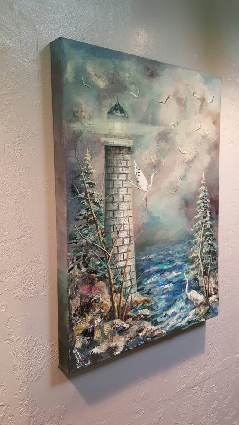 Original Lighthouse Acrylic and Mixed Media Painting, Canvas Wall Art ...
