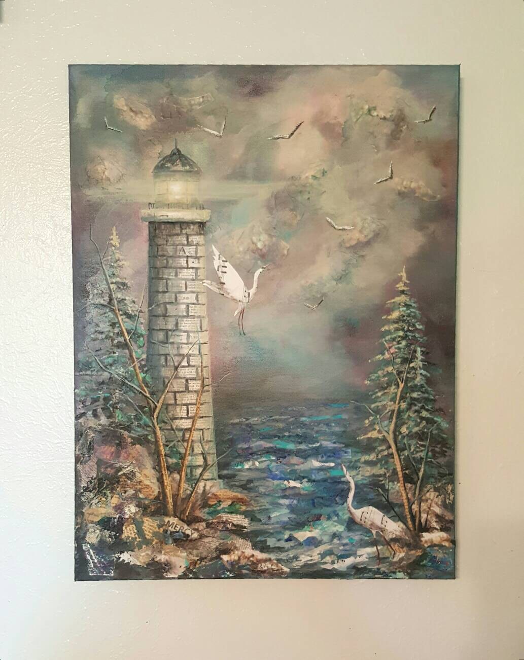 Original Lighthouse Acrylic and Mixed Media Painting, Canvas Wall Art ...