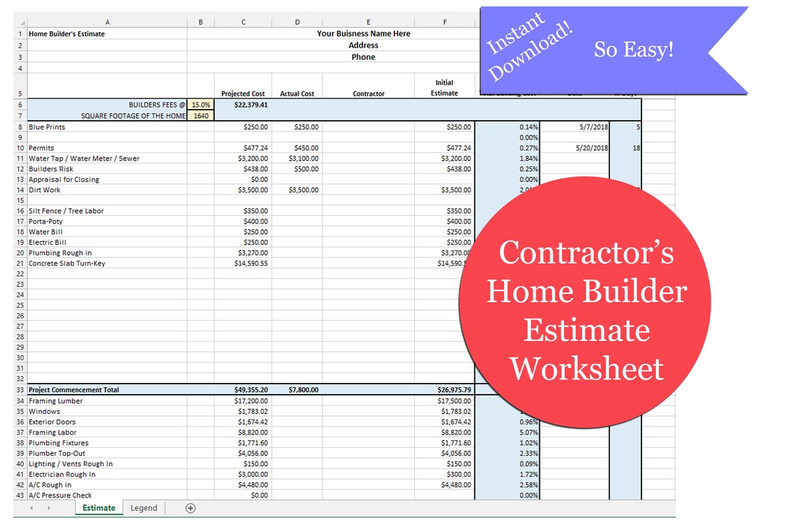 Estimation du constructeur de maisons Excel Estimation de lentrepreneur Excel Estimation de la ...