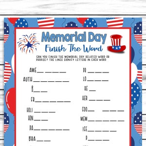 Memorial Day Finish the Word, Party Game, Word Game, for Adults Kids ...