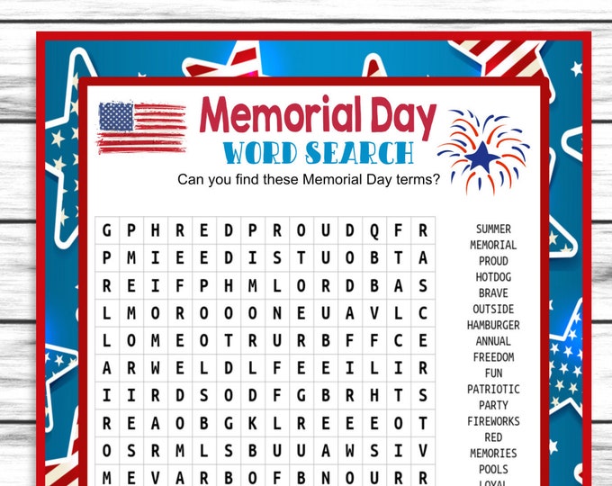 Memorial Day Word Search Party Game Word Find Game for - Etsy