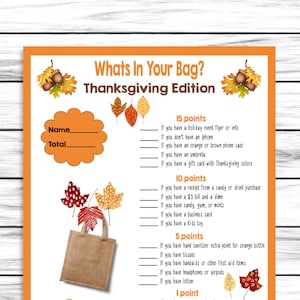 Thanksgiving Whats in Your Bag, Thanksgiving Party Game, Purse Game ...