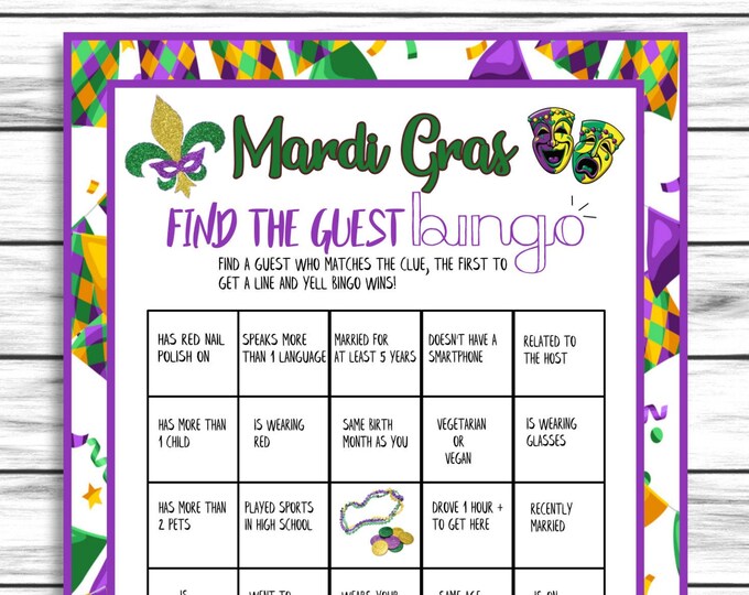 Mardi Gras Find the Guest Bingomardi Gras Party Game Mardi - Etsy
