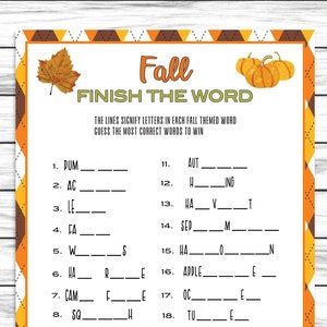Fall Finish the Word Game, Printable or Virtual Game for Adults and ...