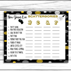 New Years Scattergories Game, New Years Party Activity, New Years Eve ...