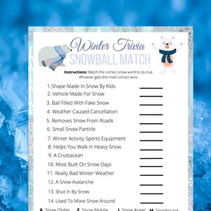 Snow Match Trivia Winter Party Game, for Adults Kids, Classroom, Office ...