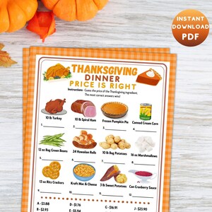 Thanksgiving Dinner Price is Right Printable Trivia Game, Group Game ...
