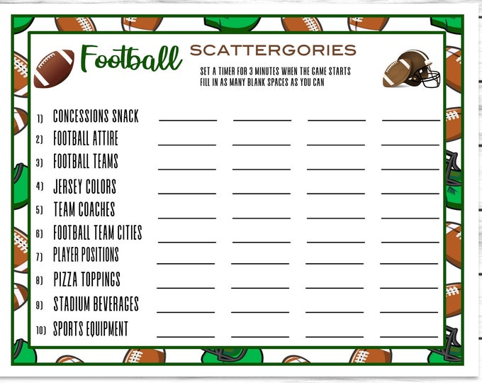 Football Scattergories Printable or Virtual Football Party - Etsy
