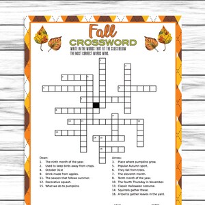Fall Crossword Puzzle Quiz, Fall Party Word Game, Autumn Game, for ...