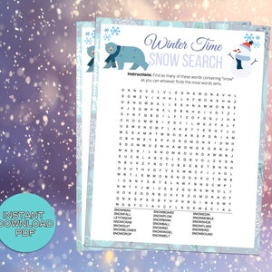Snow Word Search Find Winter Party Game for Adults Kids - Etsy