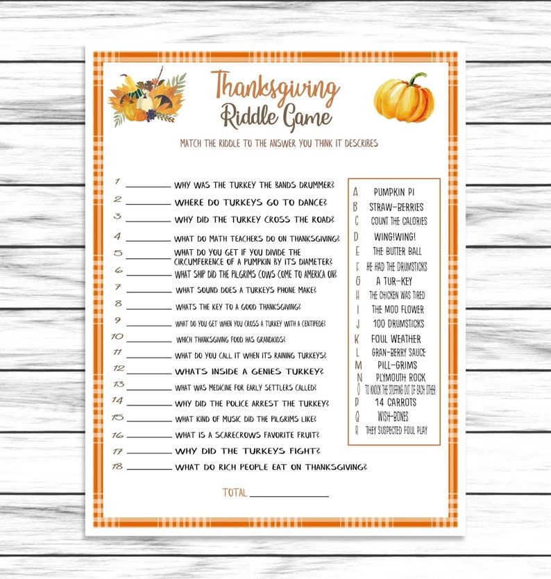Thanksgiving Riddle Game, Printable or Virtual Turkey Day Trivia Quiz ...