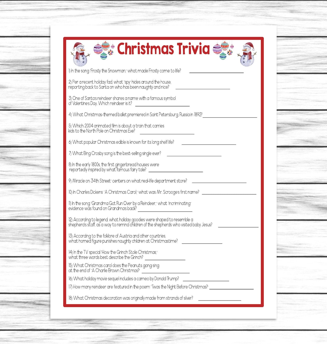 Christmas Trivia Quiz Game Printable or Virtual Holiday Party | Etsy