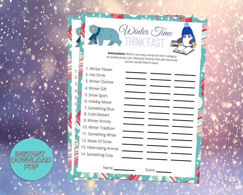 Winter Think Fast Word Party Game for Adults Kids Classroom - Etsy