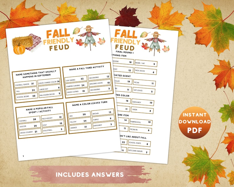 Autumn Fall Family Feud Trivia Printable Game adults Kids Fun - Etsy
