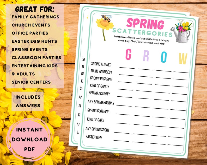 Spring Words Printable Scattergories Game | Fun Party Activity for Kids ...