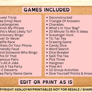 Printable Tea Party Games Adults Kids Toddler | Editable High Tea Quiz ...