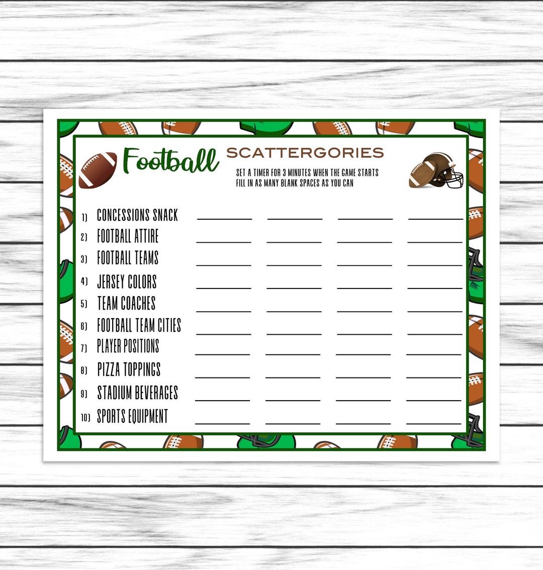 Football Scattergories, Printable or Virtual Football Party Game for ...