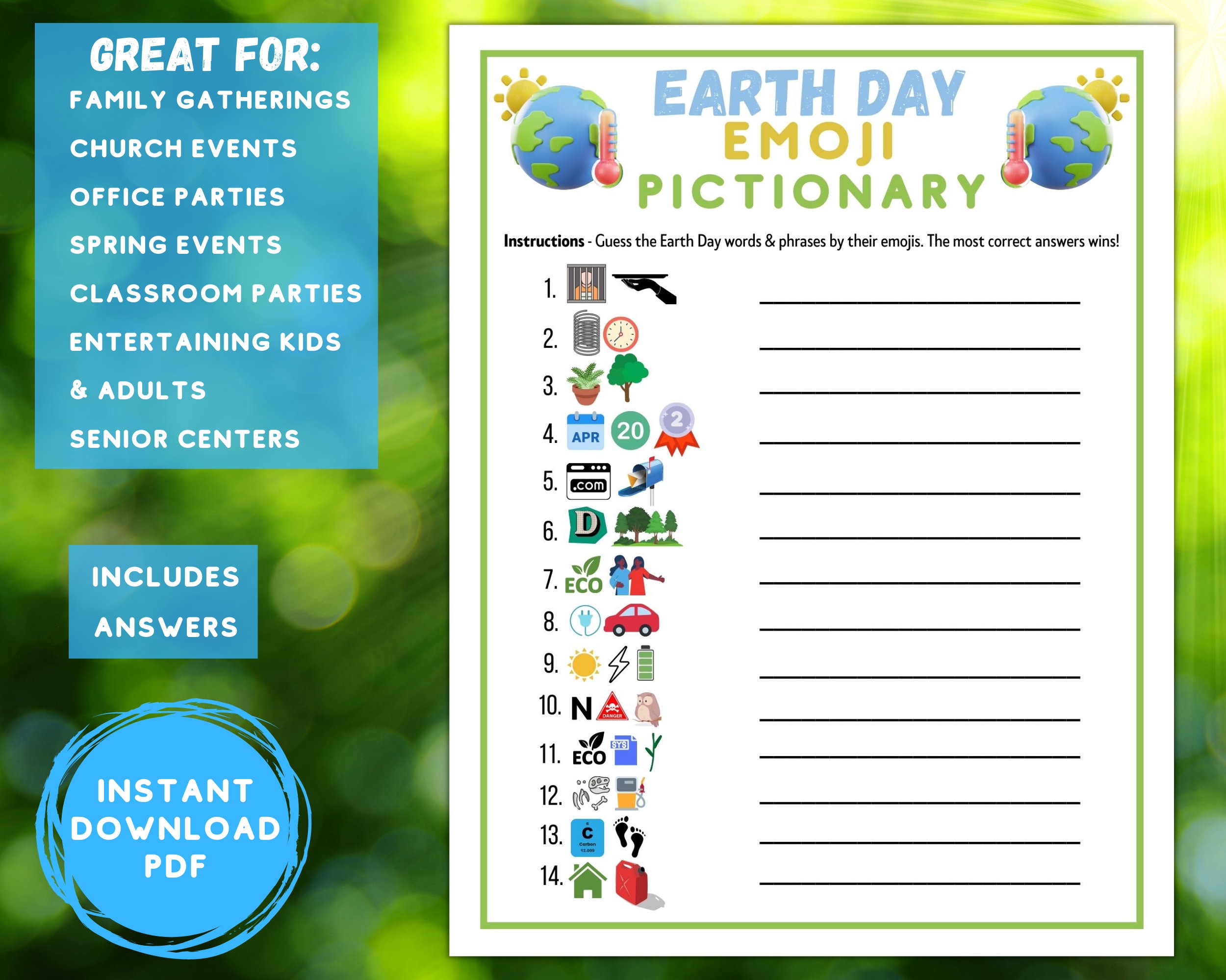 Printable Earth Day Emoji Pictionary Game | Classroom Work Church Party Quiz | Fun Earth Day ...