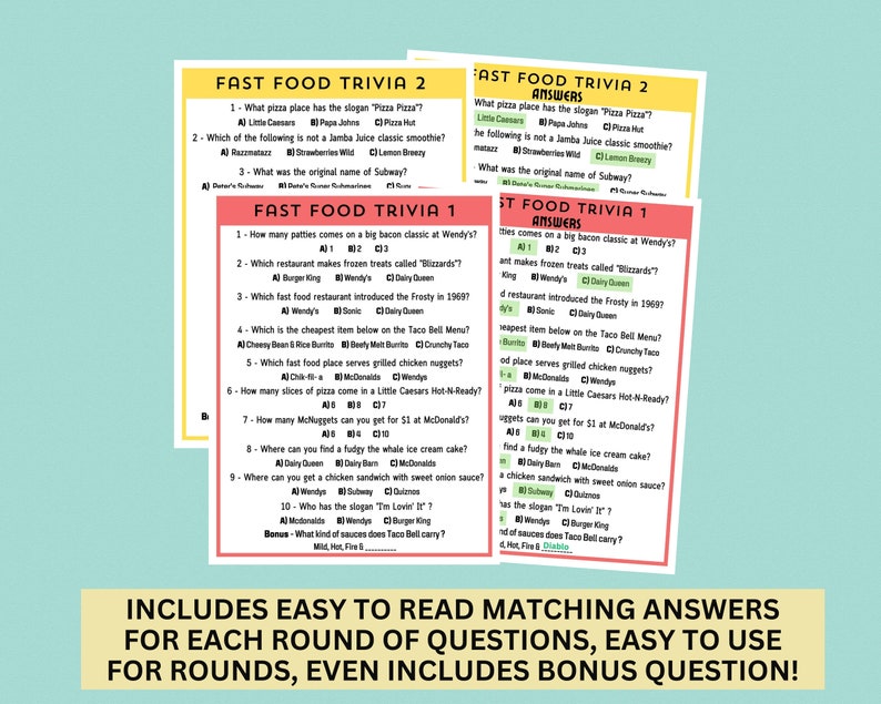 Pub Trivia Food Game Bundle | Printable Fast Food Trivia & Emoji ...