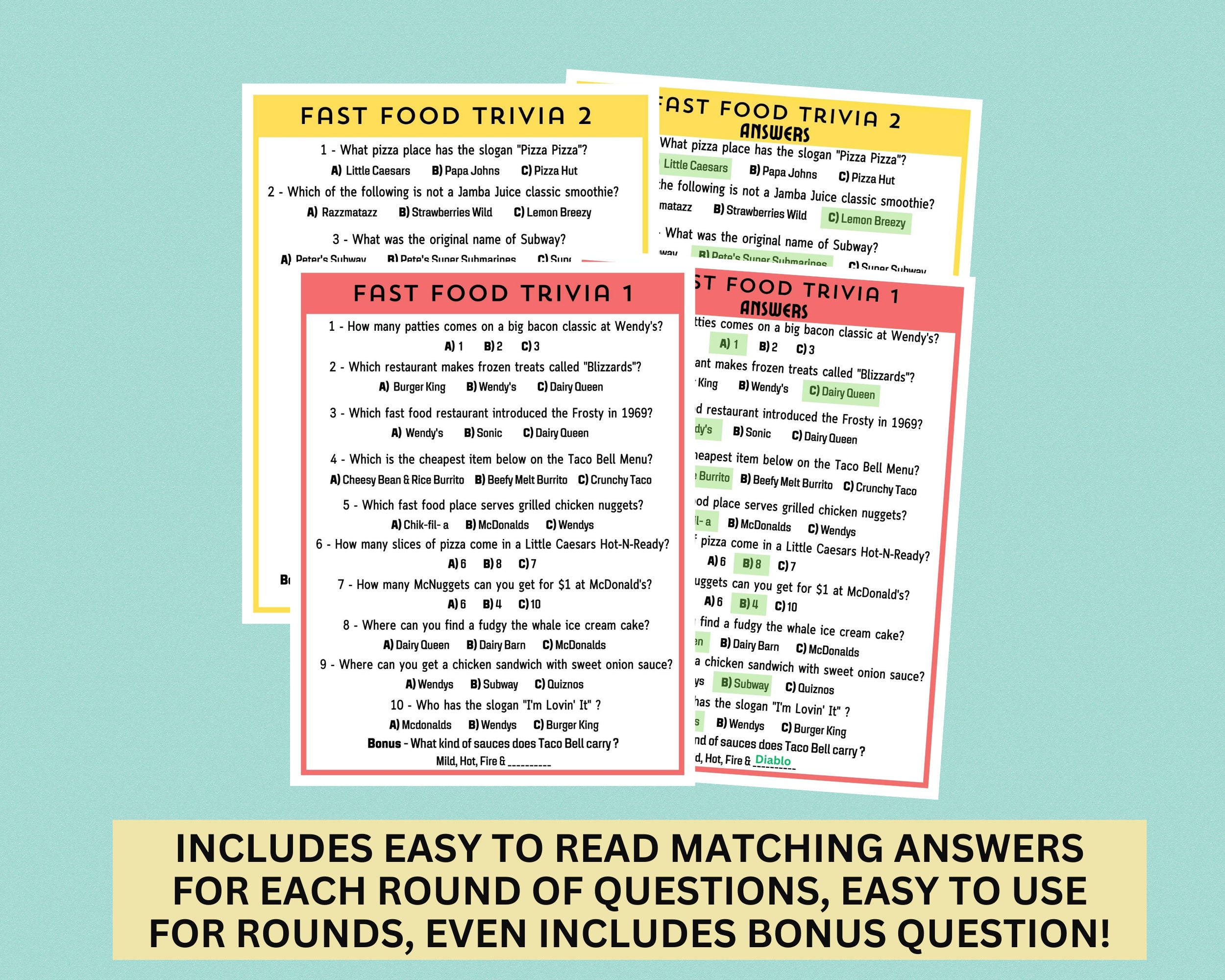 Pub Trivia Food Game Bundle | Printable Fast Food Trivia & Emoji ...