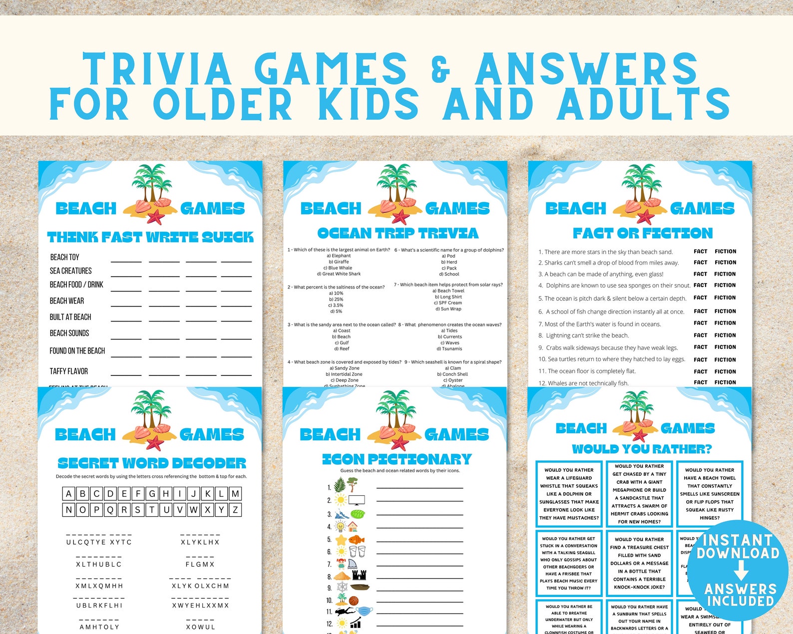 Printable Beach Games & Answers | Ocean Party Games for Kids and Adults ...
