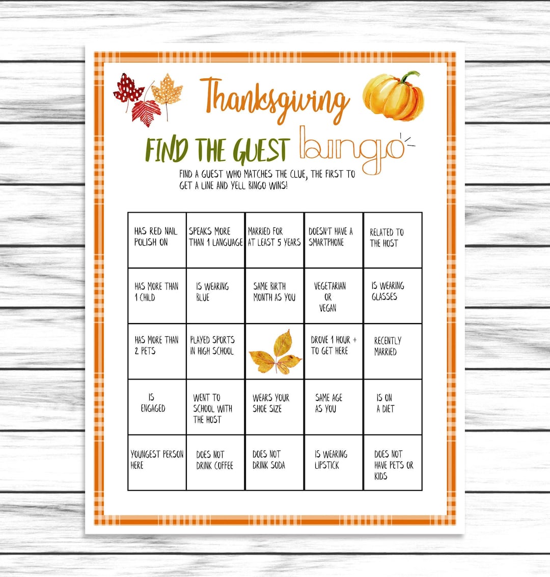 Thanksgiving Guest Bingo Game, Printable or Virtual Turkey Day Quiz for ...