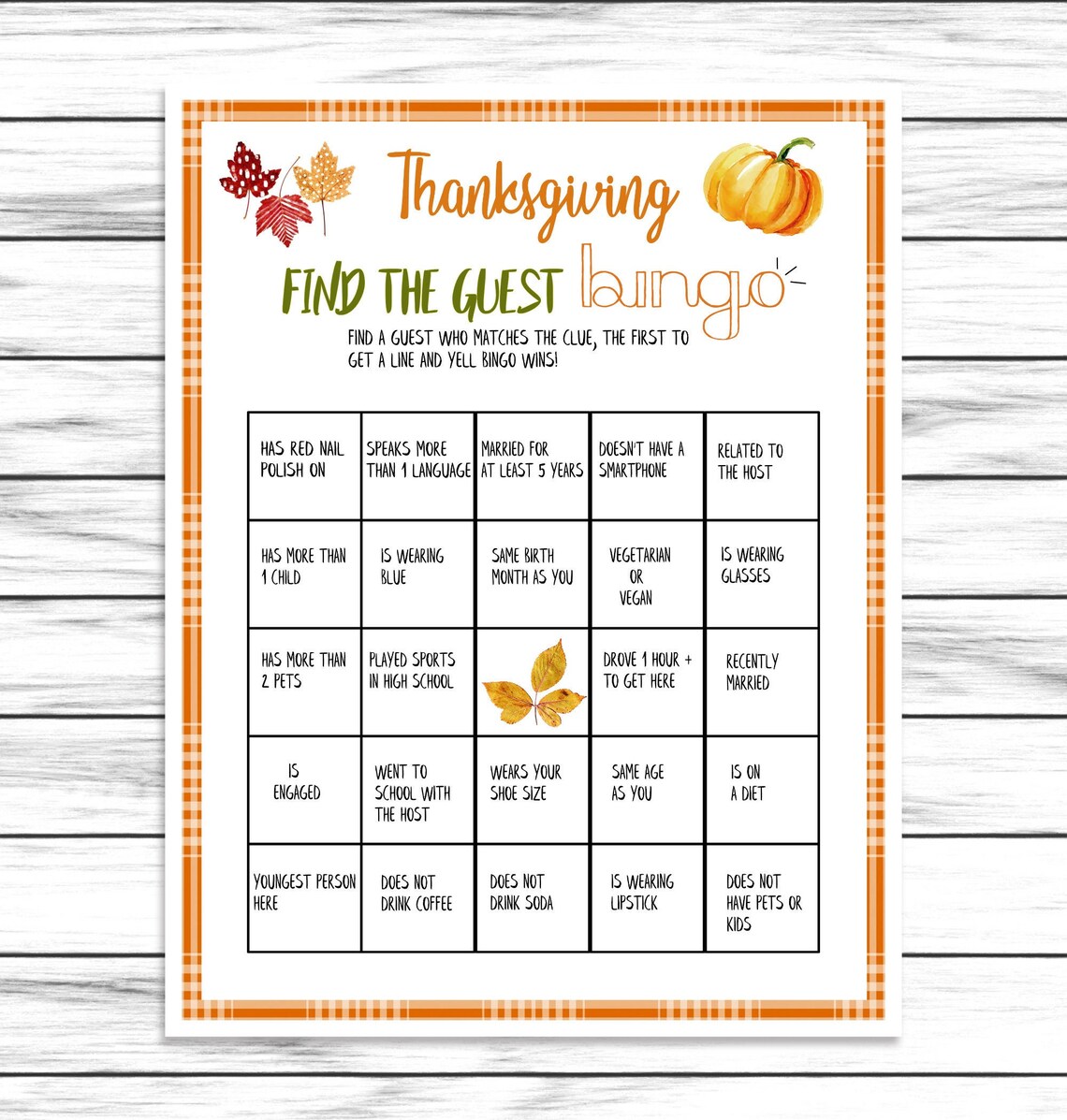 Thanksgiving Guest Bingo Game Printable or Virtual Turkey Day - Etsy