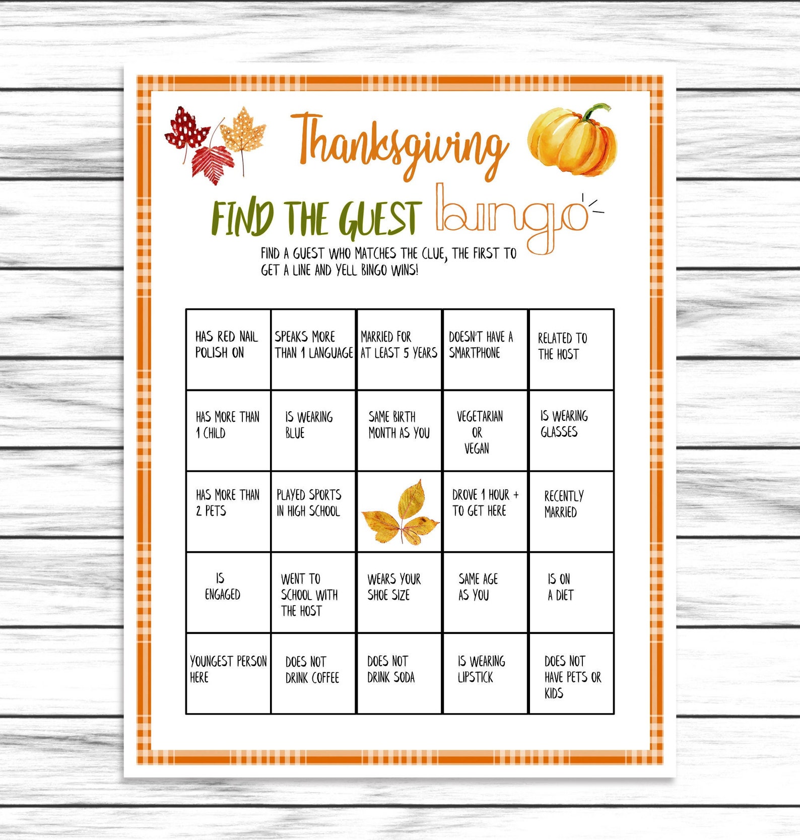 Thanksgiving Guest Bingo Game Printable or Virtual Turkey Day | Etsy