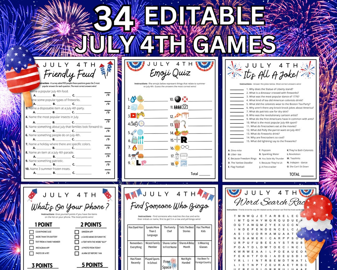 Printable July 4th Party Games Bundle | Group Activities Editable ...