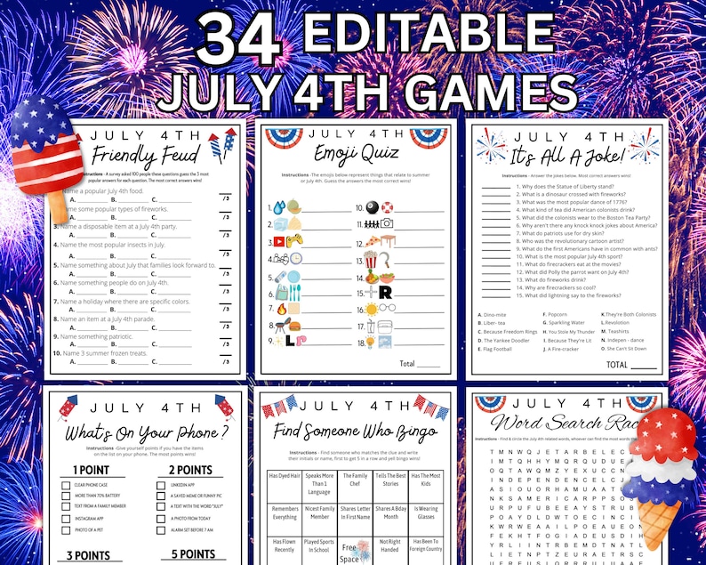 Printable July 4th Party Games Bundle | Group Activities Editable ...