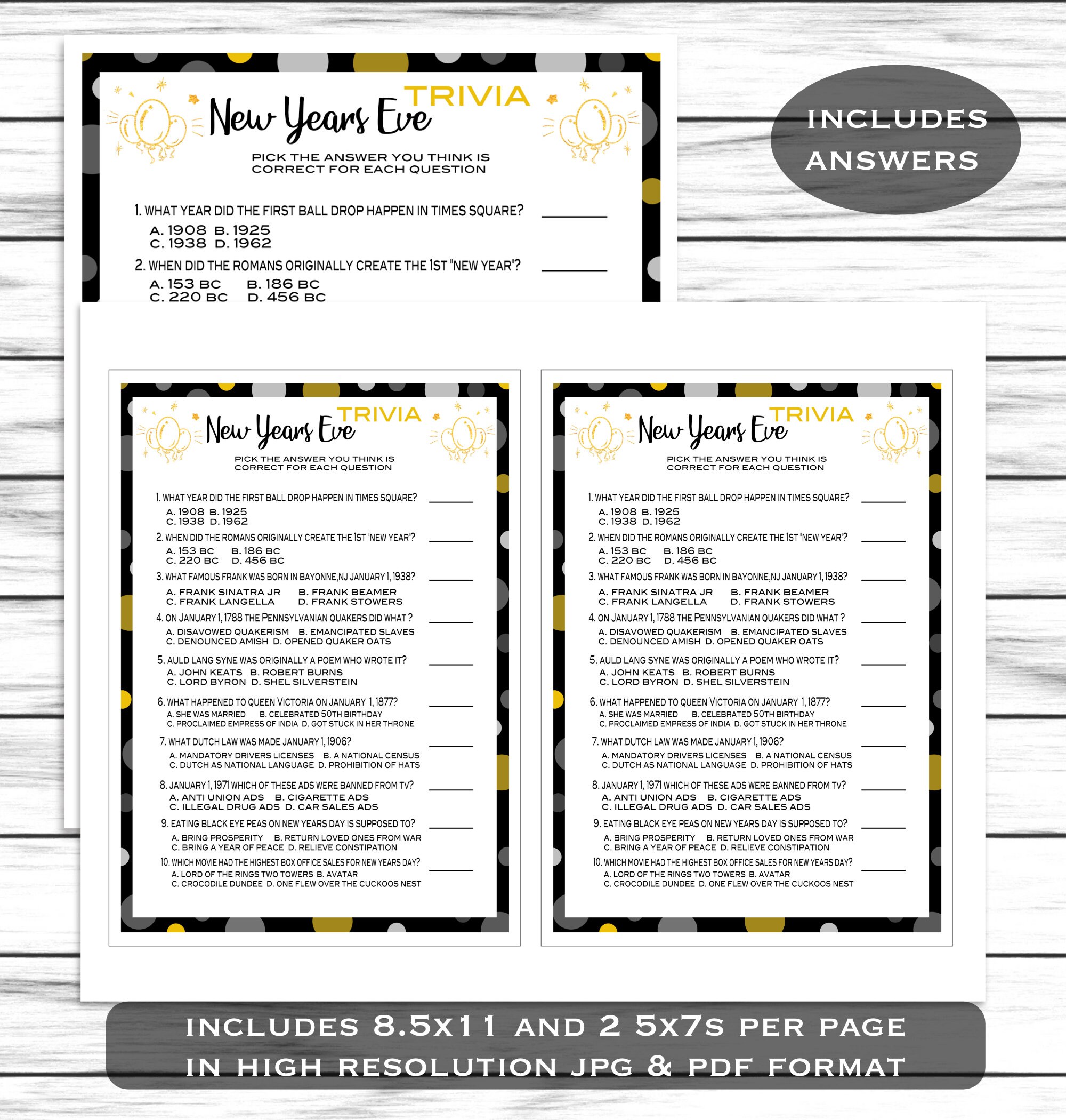 New Years Eve Trivia Game, Printable or Virtual Holiday Party Game for ...