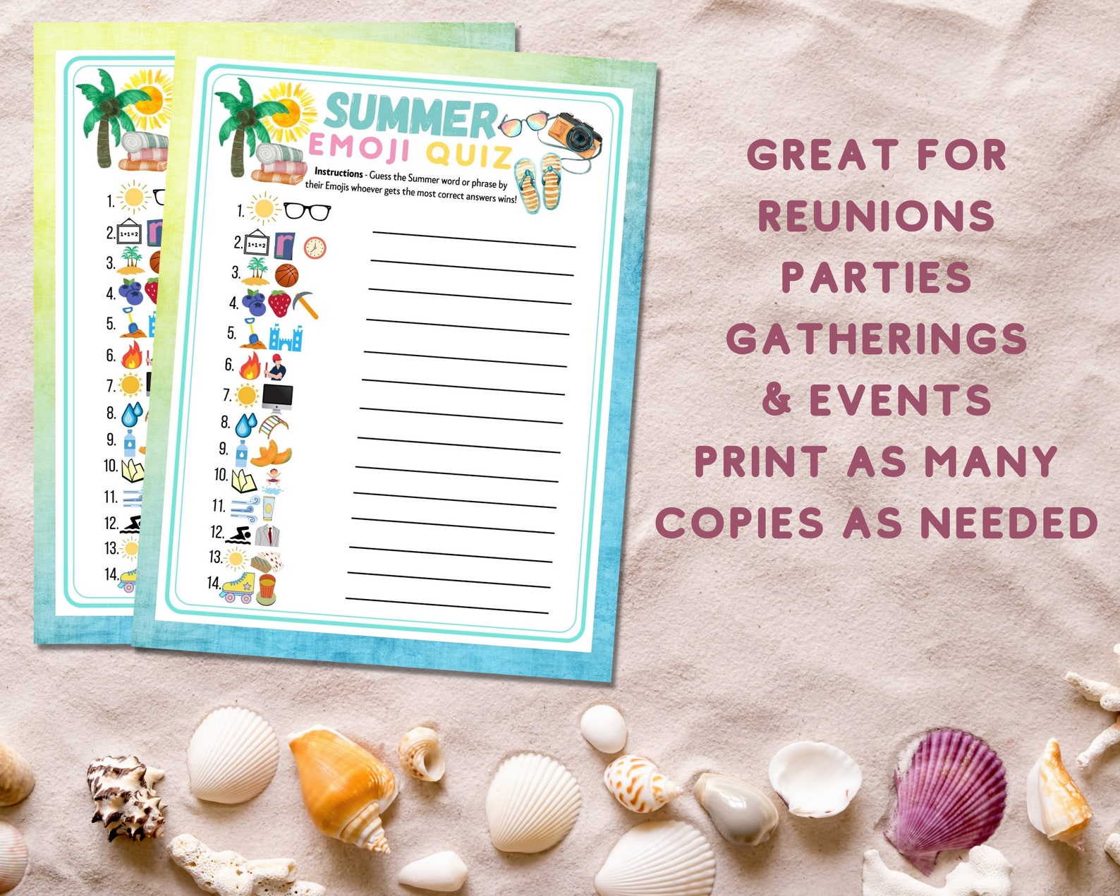 Summer Party Emoji Pictionary Game Quiz, for Adults Kids, Summer Party ...