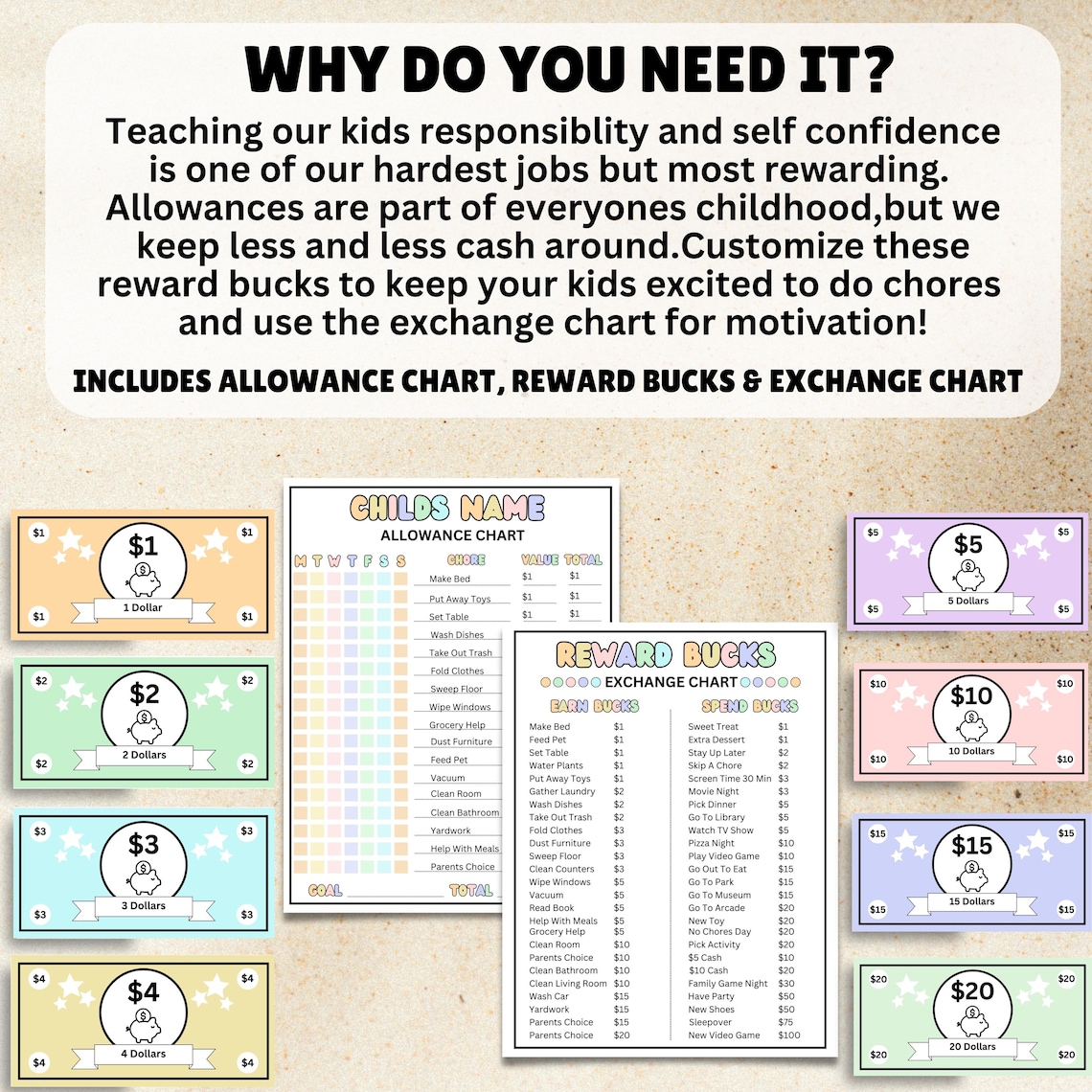 Editable Rewards Chart Play Money | Pretend Chores Cash for Moms ...