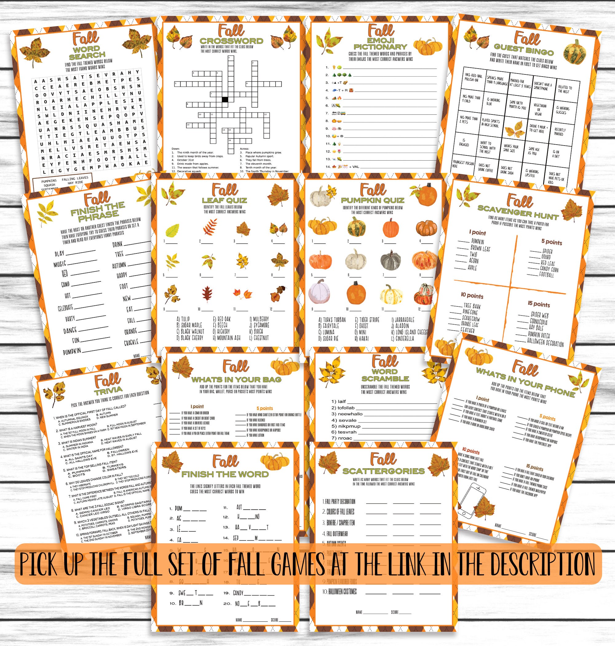 Fall Crossword Puzzle Quiz, Fall Party Word Game, Autumn Game, for ...