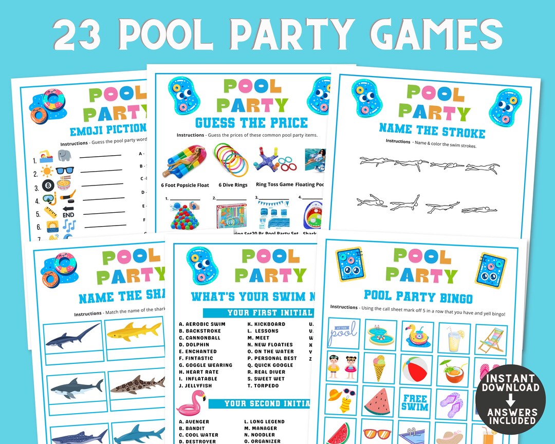 Pool Swimming Party Printable Games Answers Bundle | Swim Meet ...