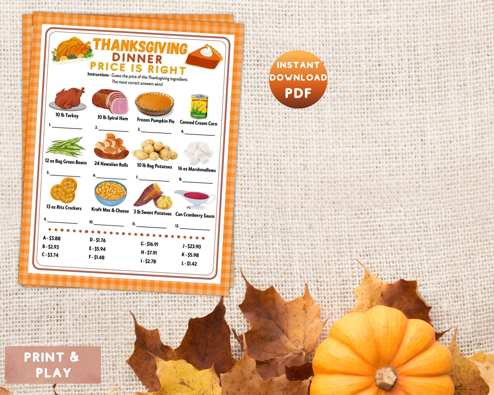 Thanksgiving Dinner Price is Right Printable Trivia Game, Group Game ...