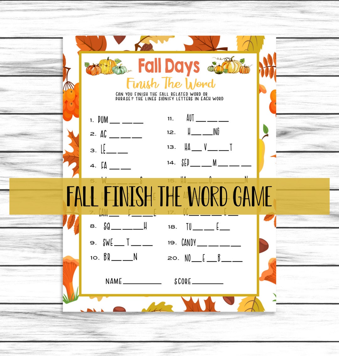 Fall Word Game, Autumn Party Game, Finish the Word Game, Educational ...