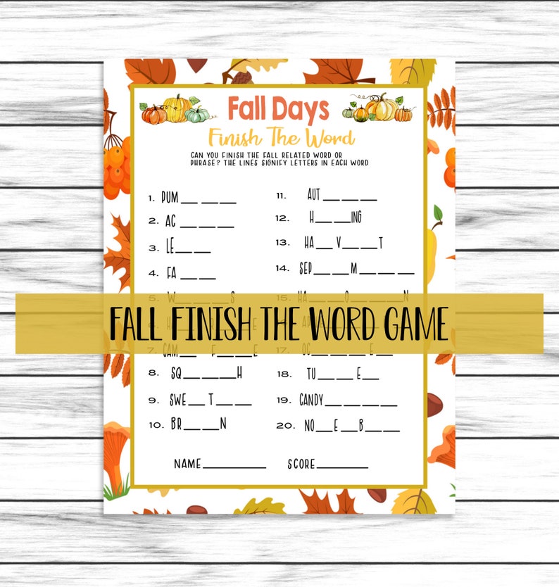 Fall Word Game Autumn Party Game Finish the Word Game - Etsy