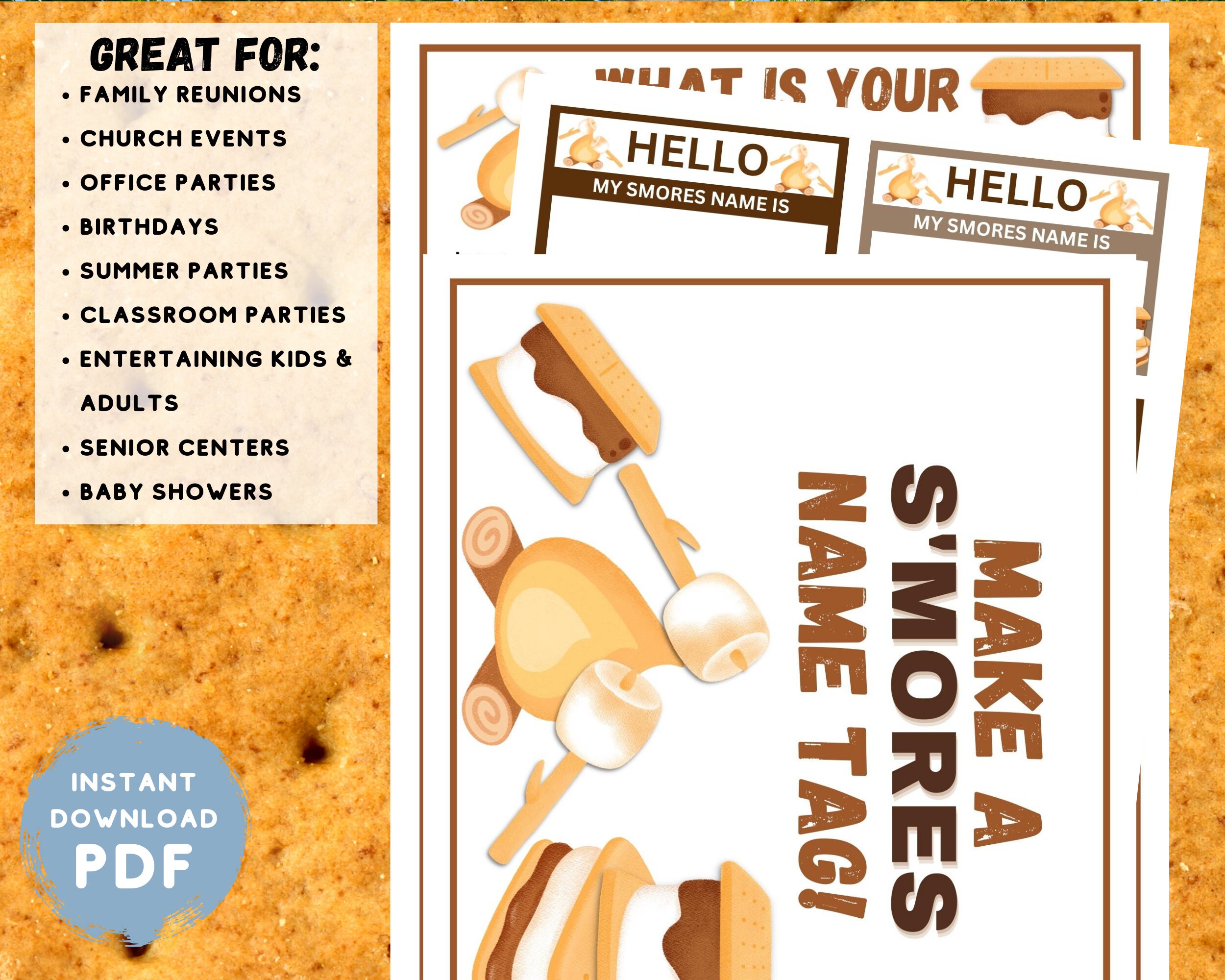 Printable Whats Your Smores Nametag Game | Camping Birthday Party Sign ...