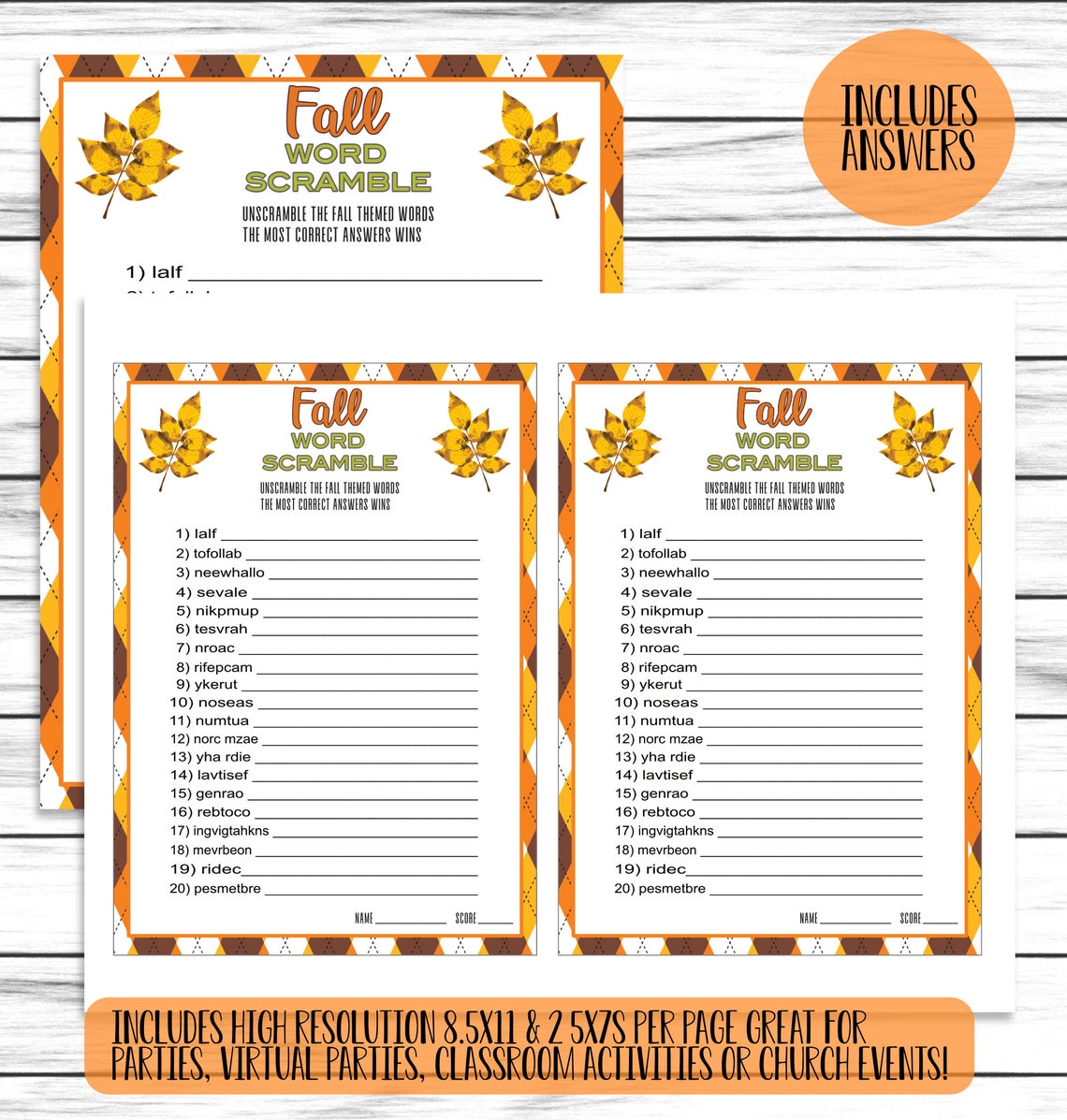 Fall Word Scramble Game, Printable or Virtual Game for Adults and Kids ...