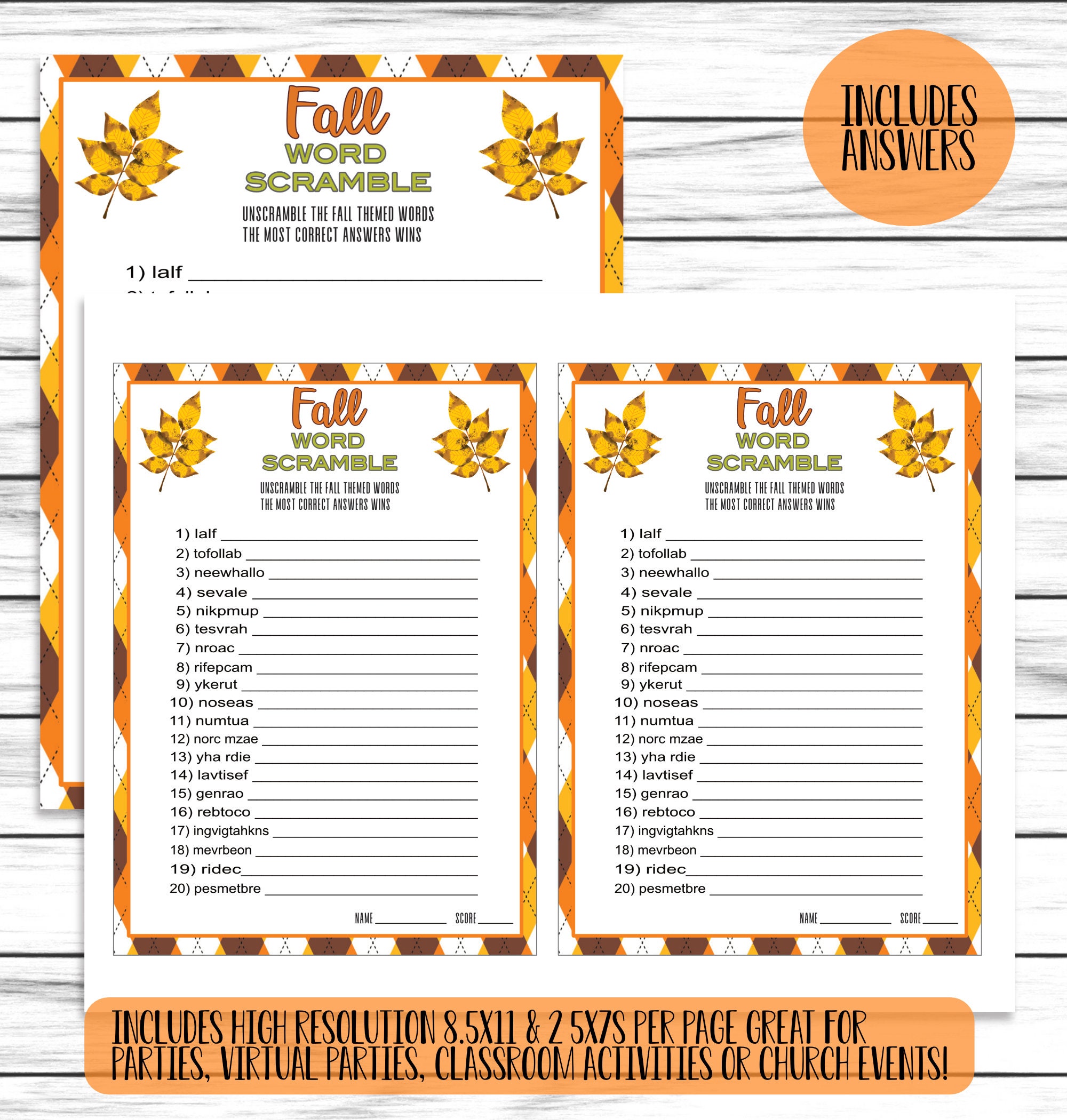Fall Word Scramble Game, Printable or Virtual Game for Adults and Kids ...